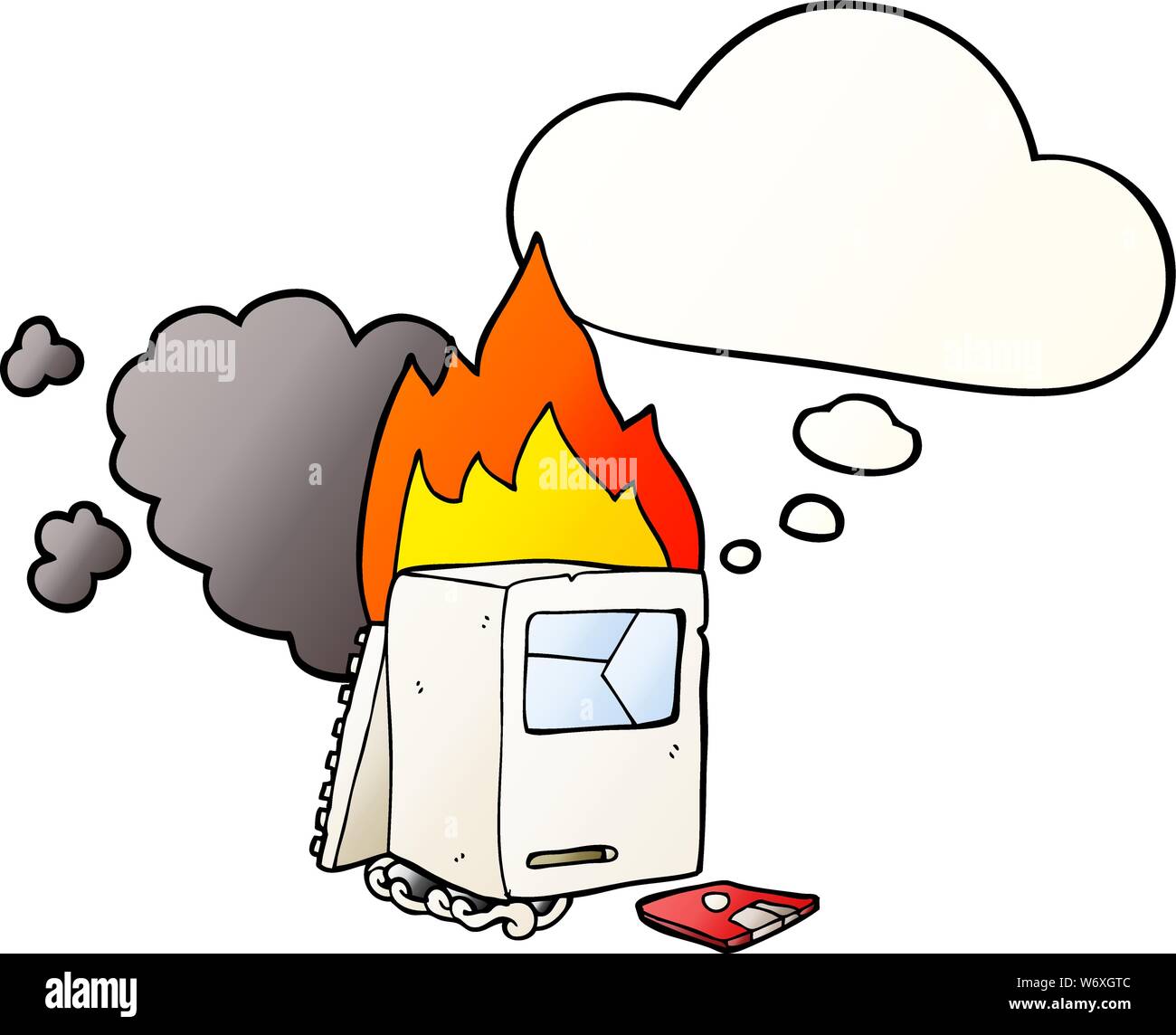 cartoon broken computer with thought bubble in smooth gradient style ...