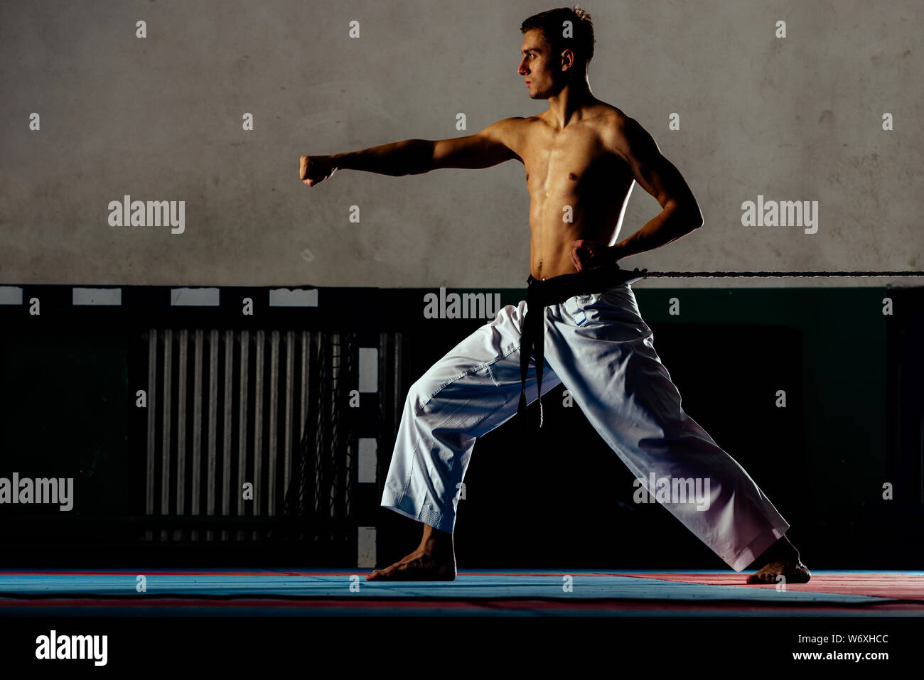 Male karate fighter performing kick isolated on dark background in the ...