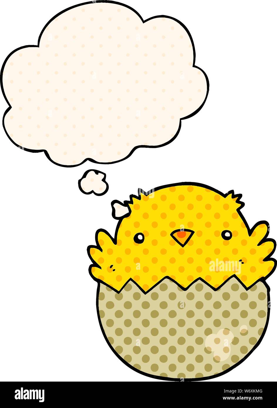 cartoon chick hatching from egg with thought bubble in comic book style ...