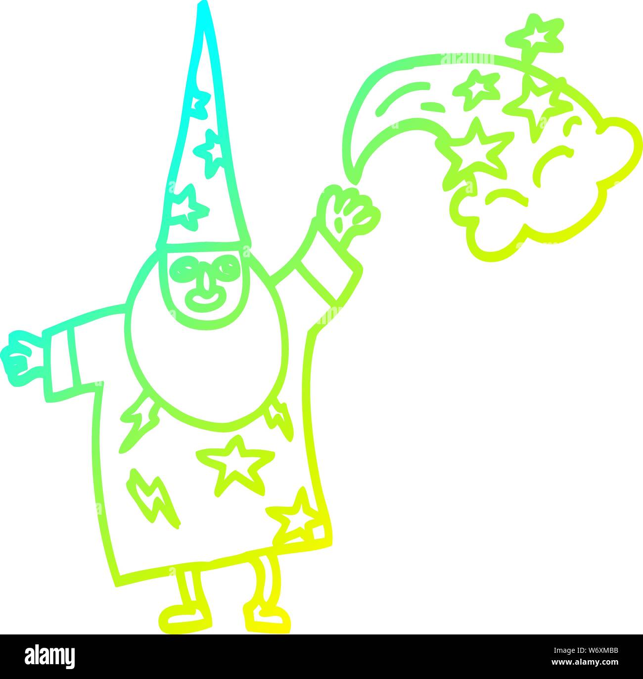 cold gradient line drawing of a cartoon wizard casting spell Stock ...