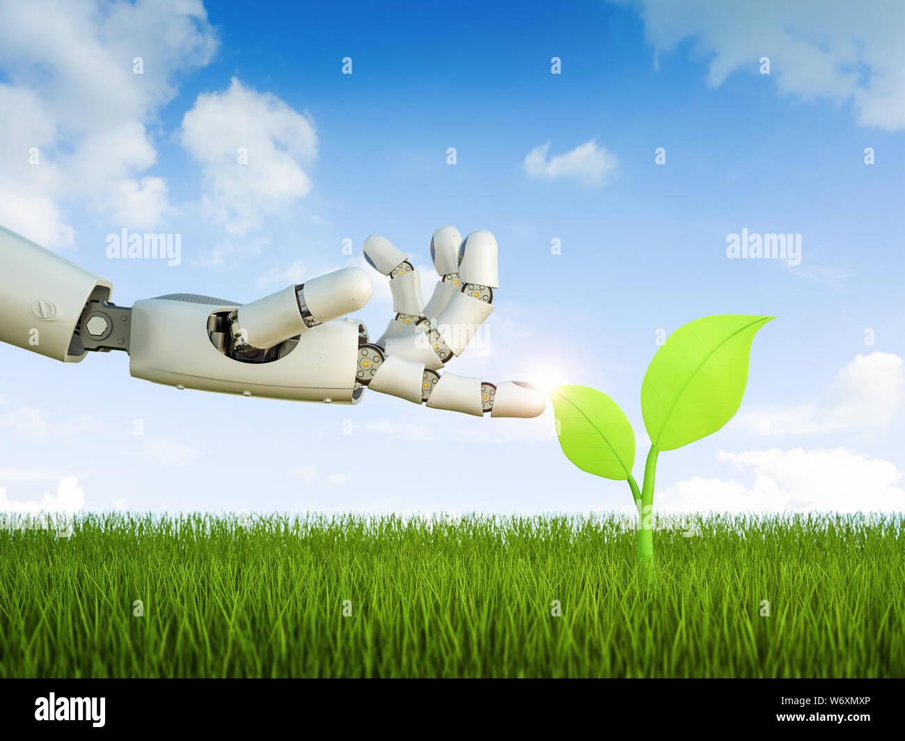 Ecology technology concept with 3d rendering robot arm with green ...