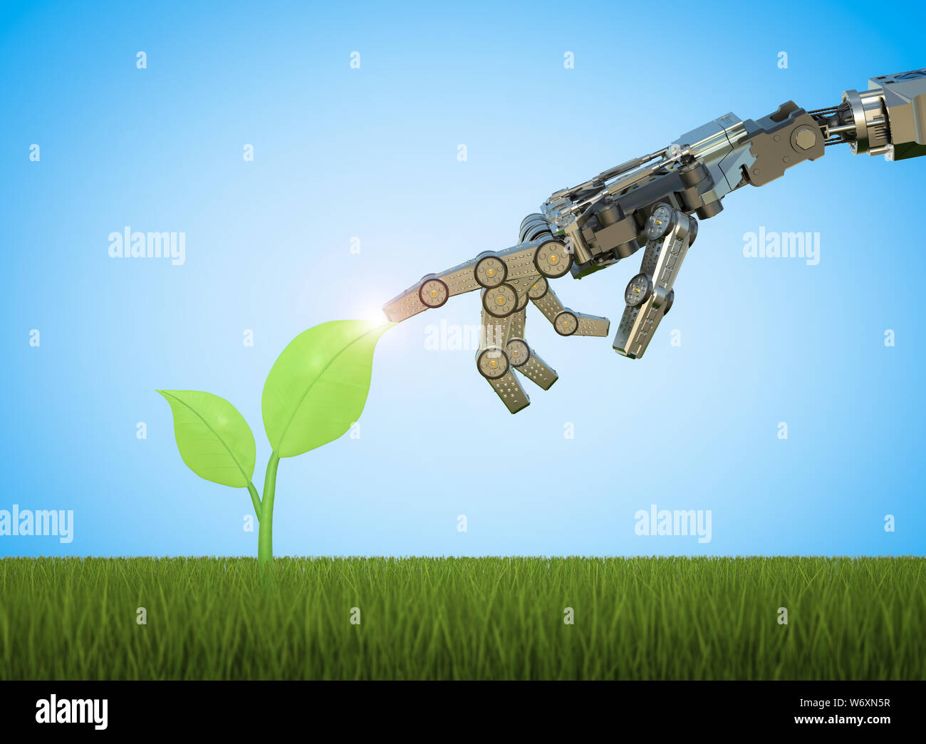 Ecology technology concept with 3d rendering robot arm with green ...