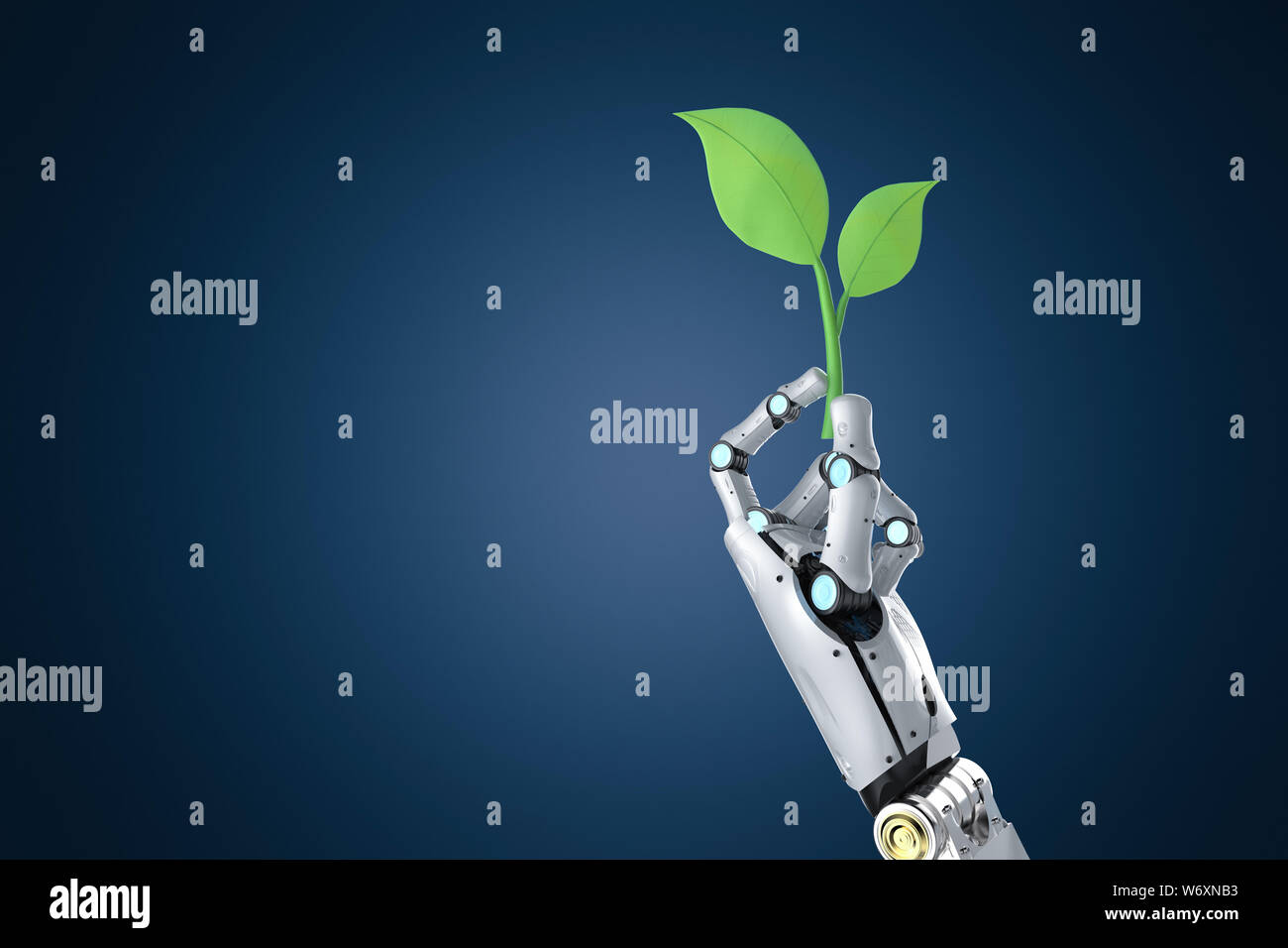 Ecology technology concept with 3d rendering robot arm with green ...