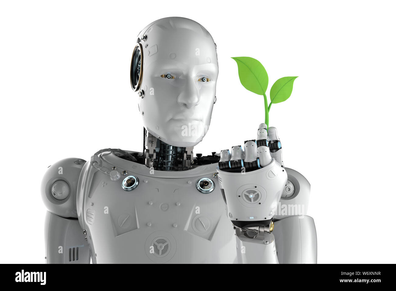 Ecology technology concept with 3d rendering robot arm with green ...