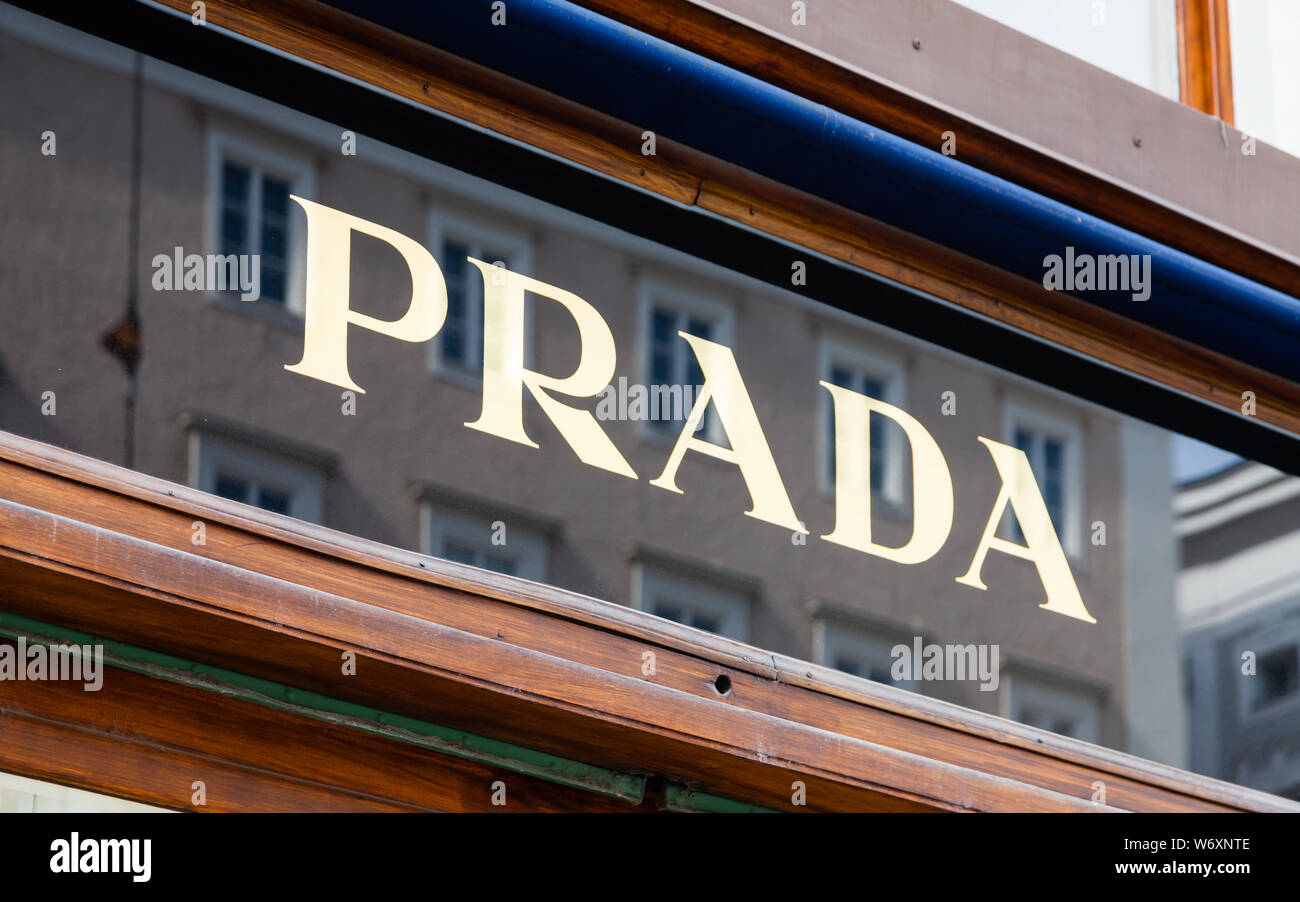 The Prada nameplate outside a shop in Salzburg, Austria. Prada is an ...