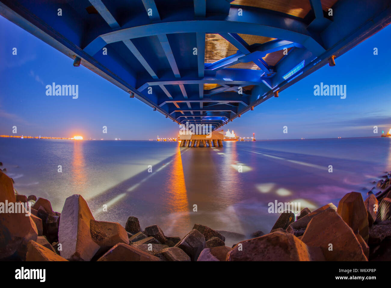 Container terminals and Bridges, cargo terminals in the evening Stock ...