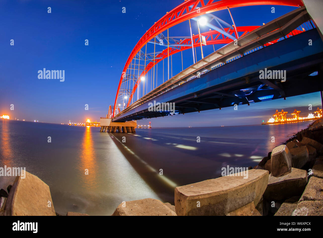 Container terminals and Bridges, cargo terminals in the evening Stock ...