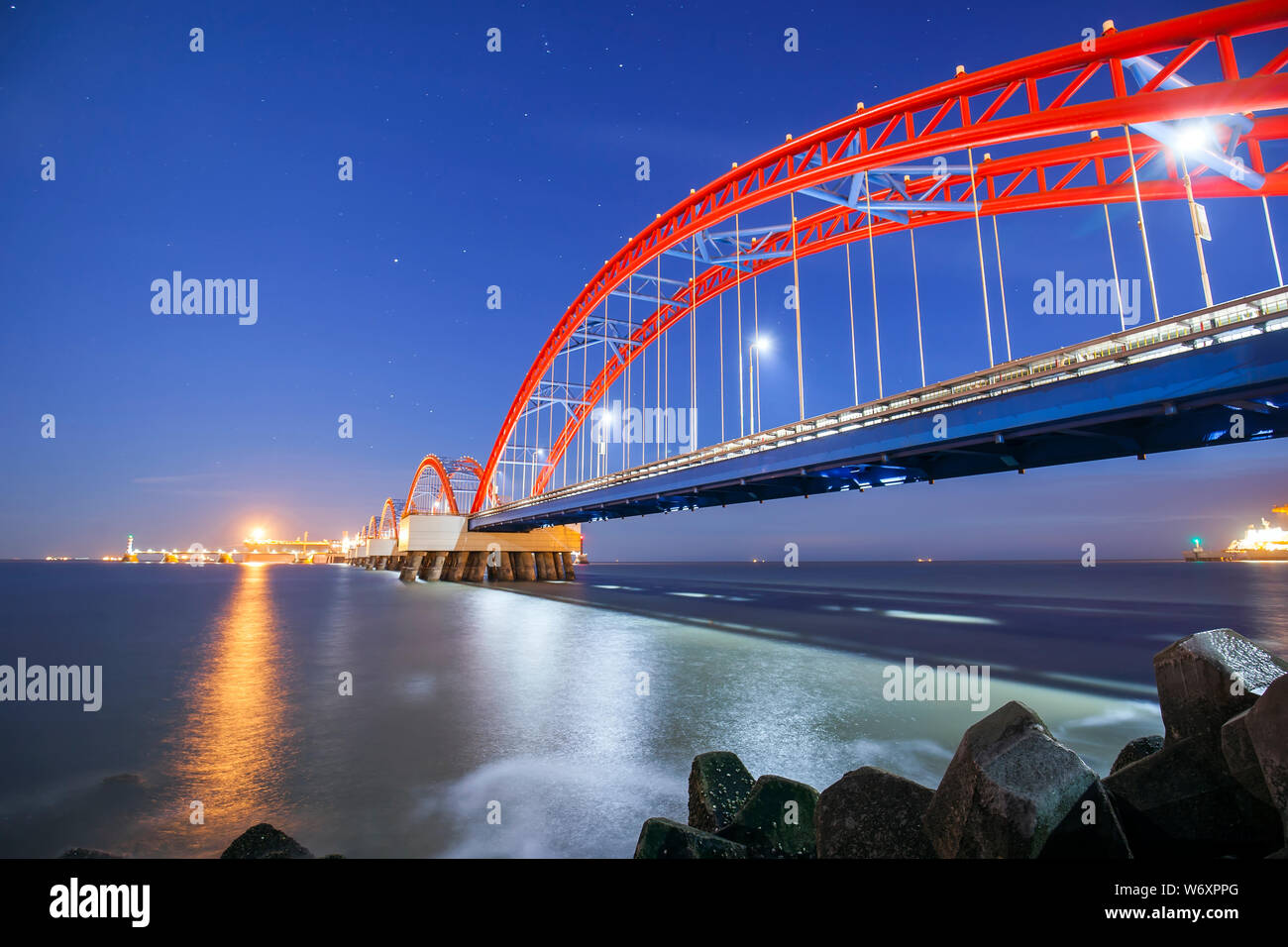 Container terminals and Bridges, cargo terminals in the evening Stock ...