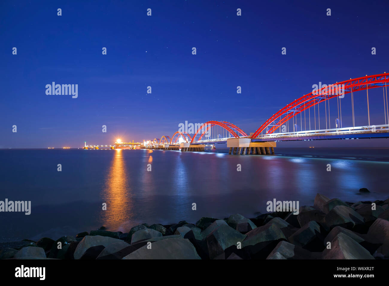 Container terminals and Bridges, cargo terminals in the evening Stock ...