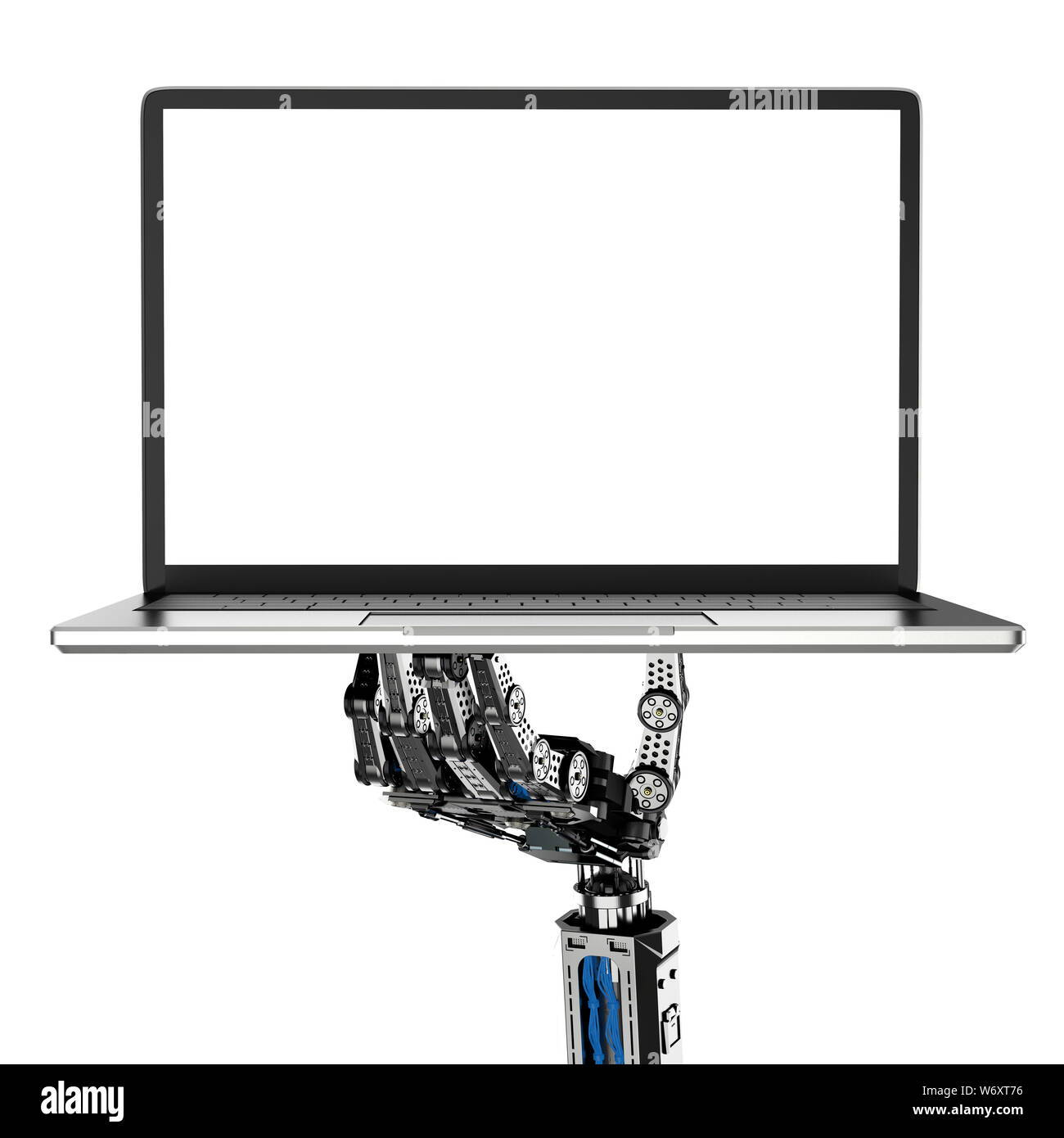 3d rendering robot hand holding blank screen computer notebook Stock ...