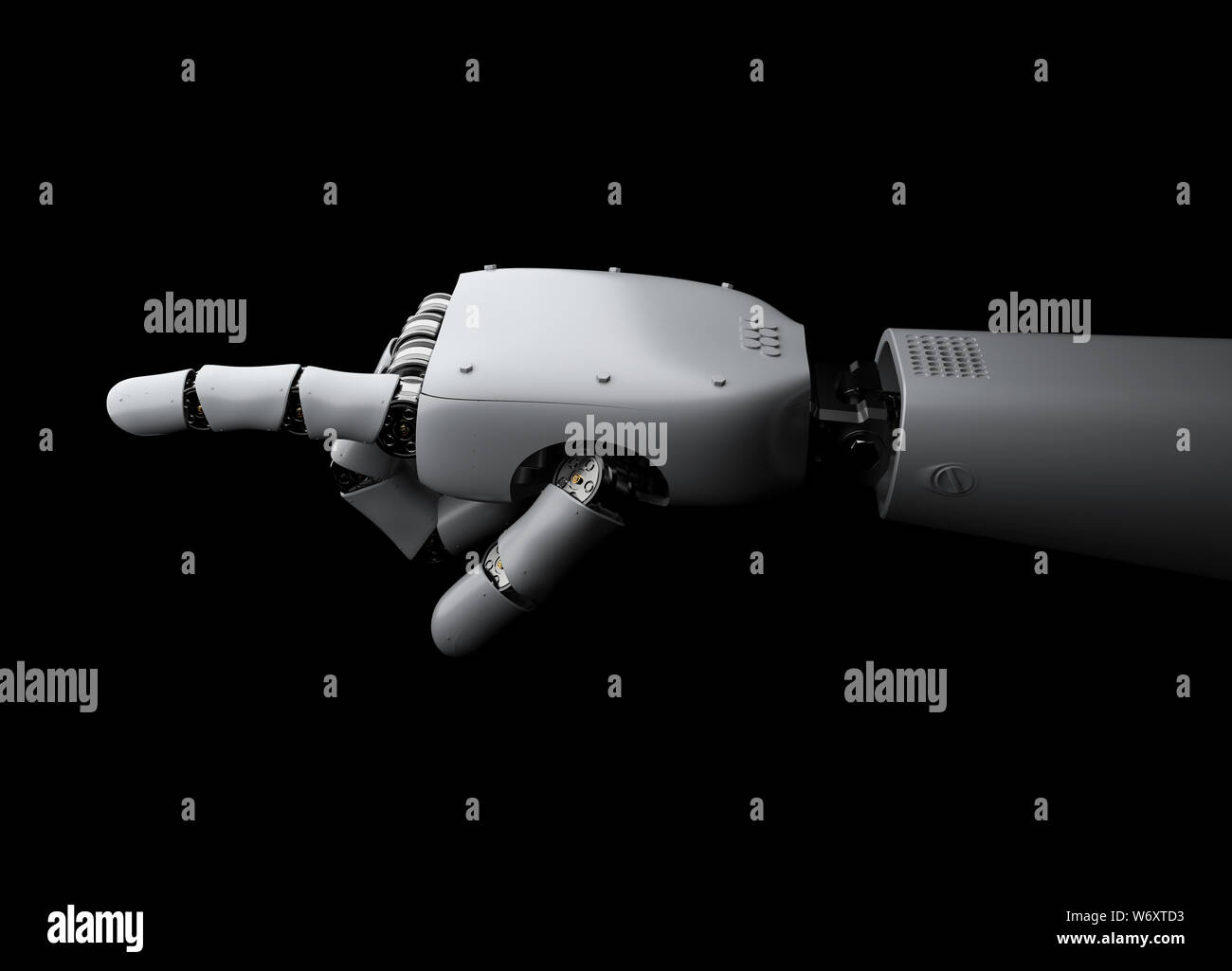 3d rendering metal cyborg hand finger point on black background Stock ...