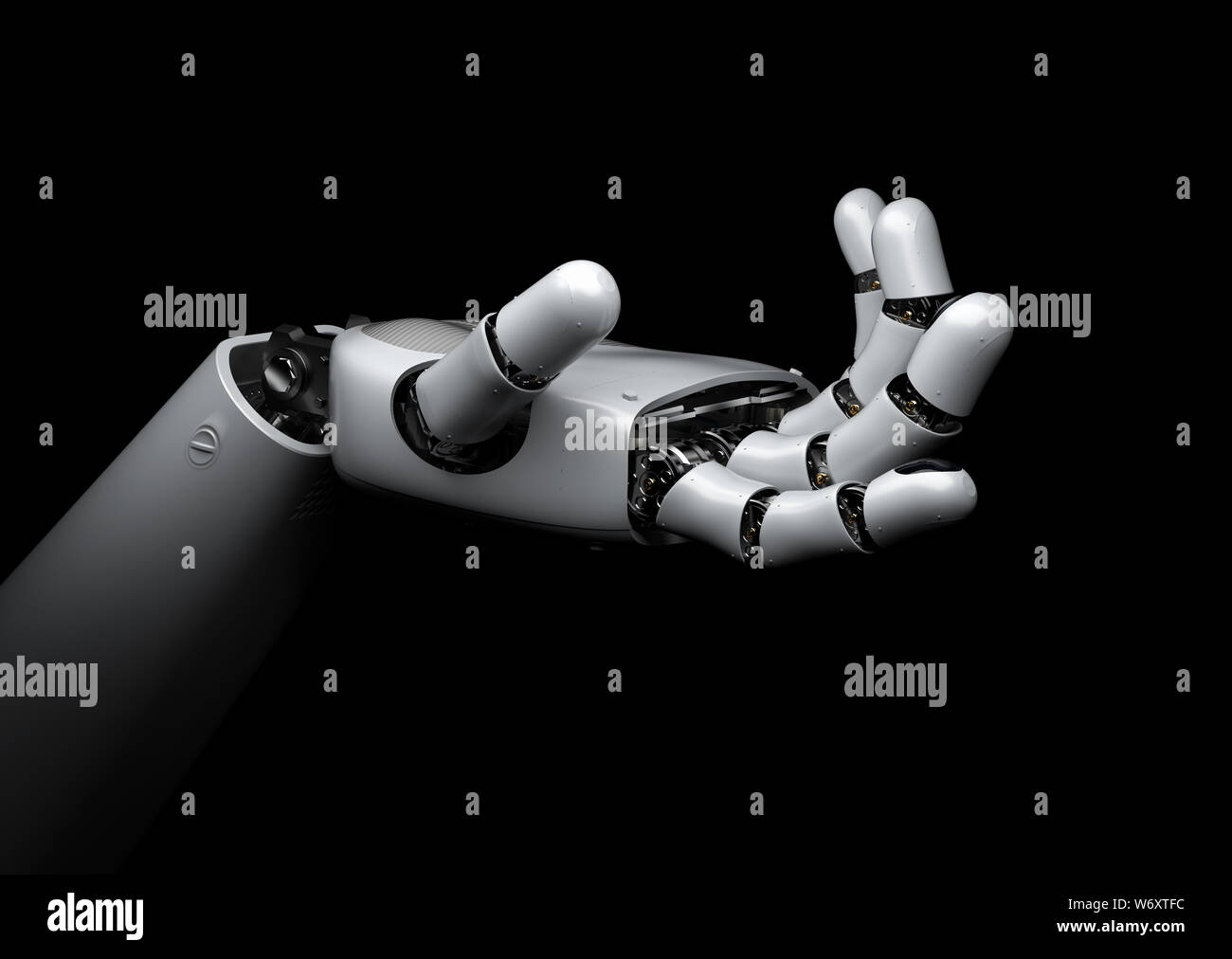 3d rendering metal cyborg open hand on black background Stock Photo - Alamy