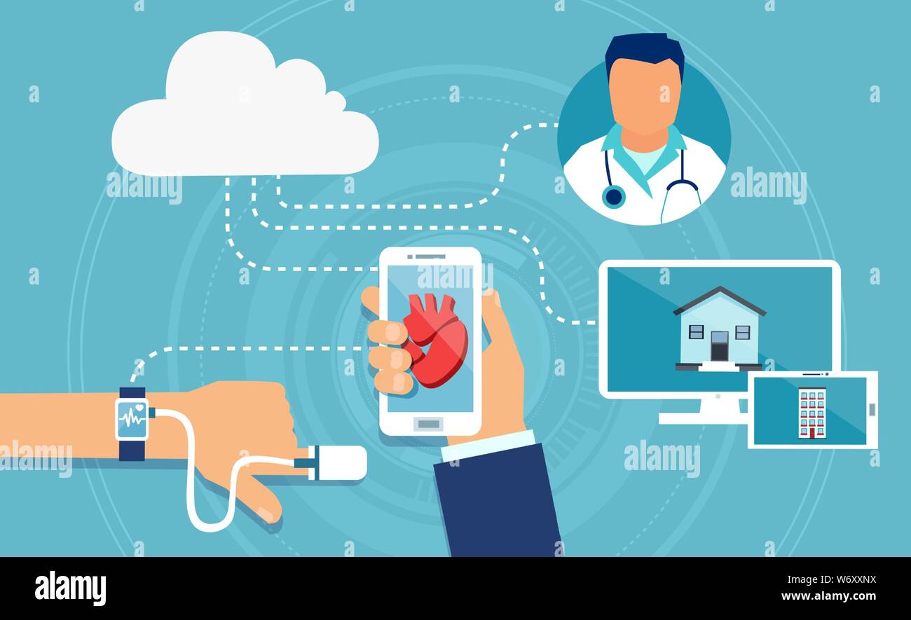 Vector of a modern health care devices tracking patient heart rate with ...