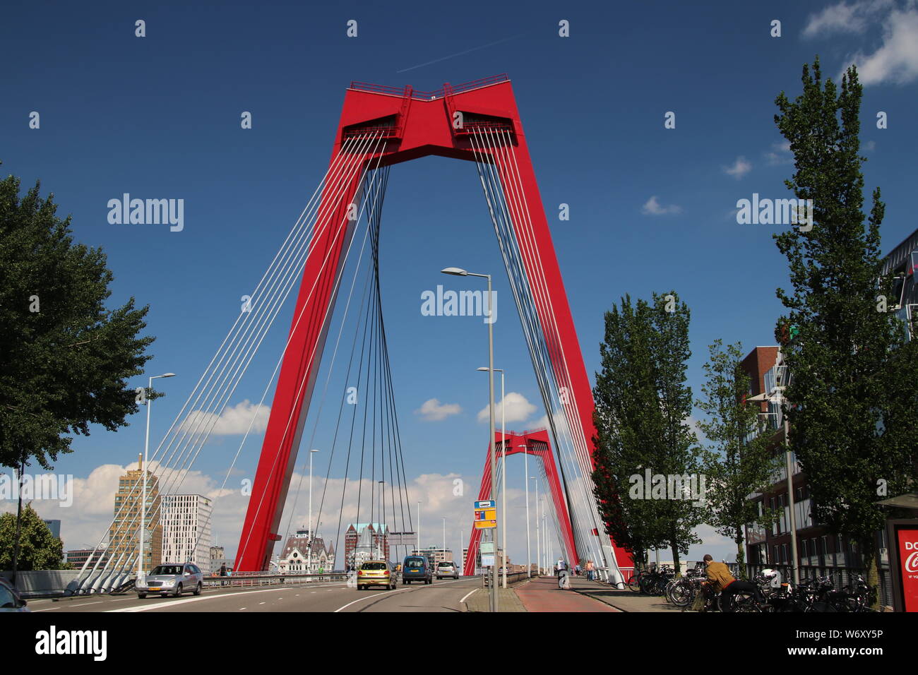 Red ,colored ,Bridge ,called ,Willemsbrug ,river, Nieuwe Maas, connect ...