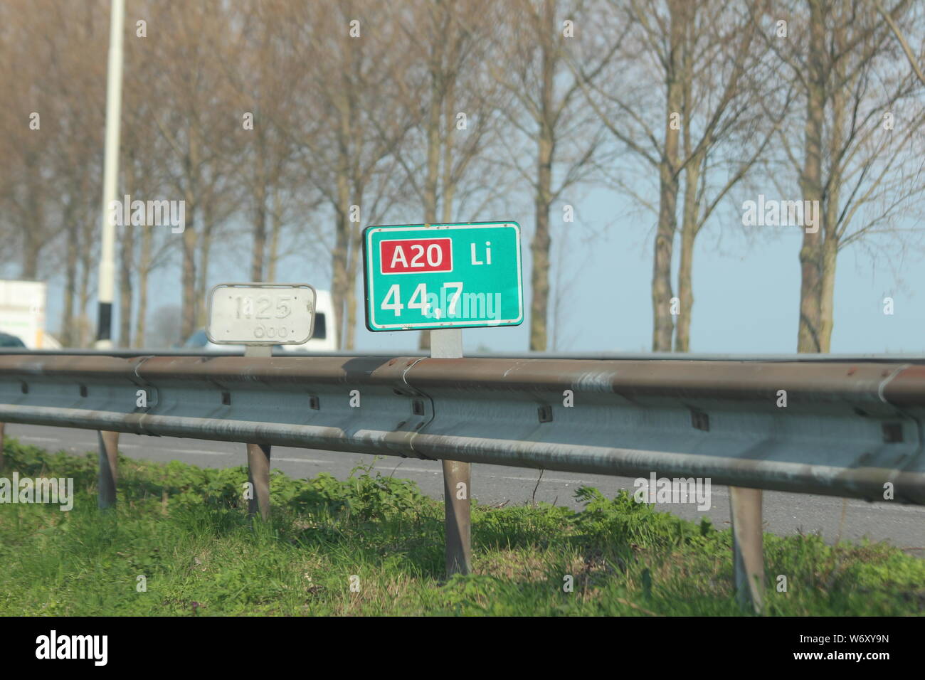 Speed and distance sign in the shoulder of motorway A20 at 44,7 left ...