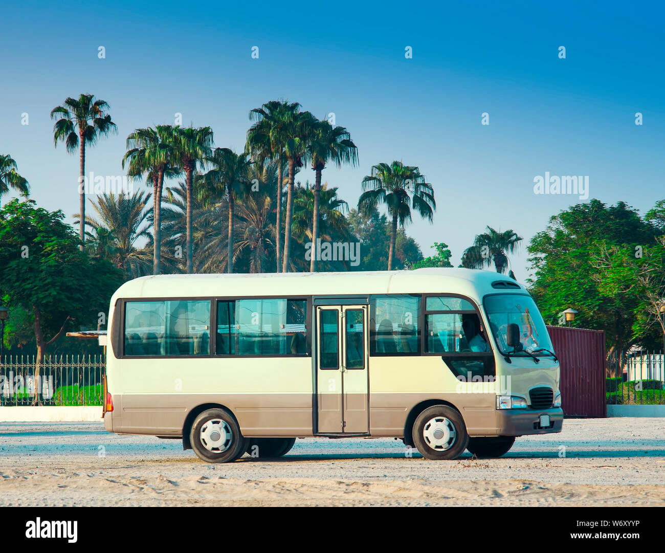 white bus in the desert travel. palm trees and clear blue sky Stock ...