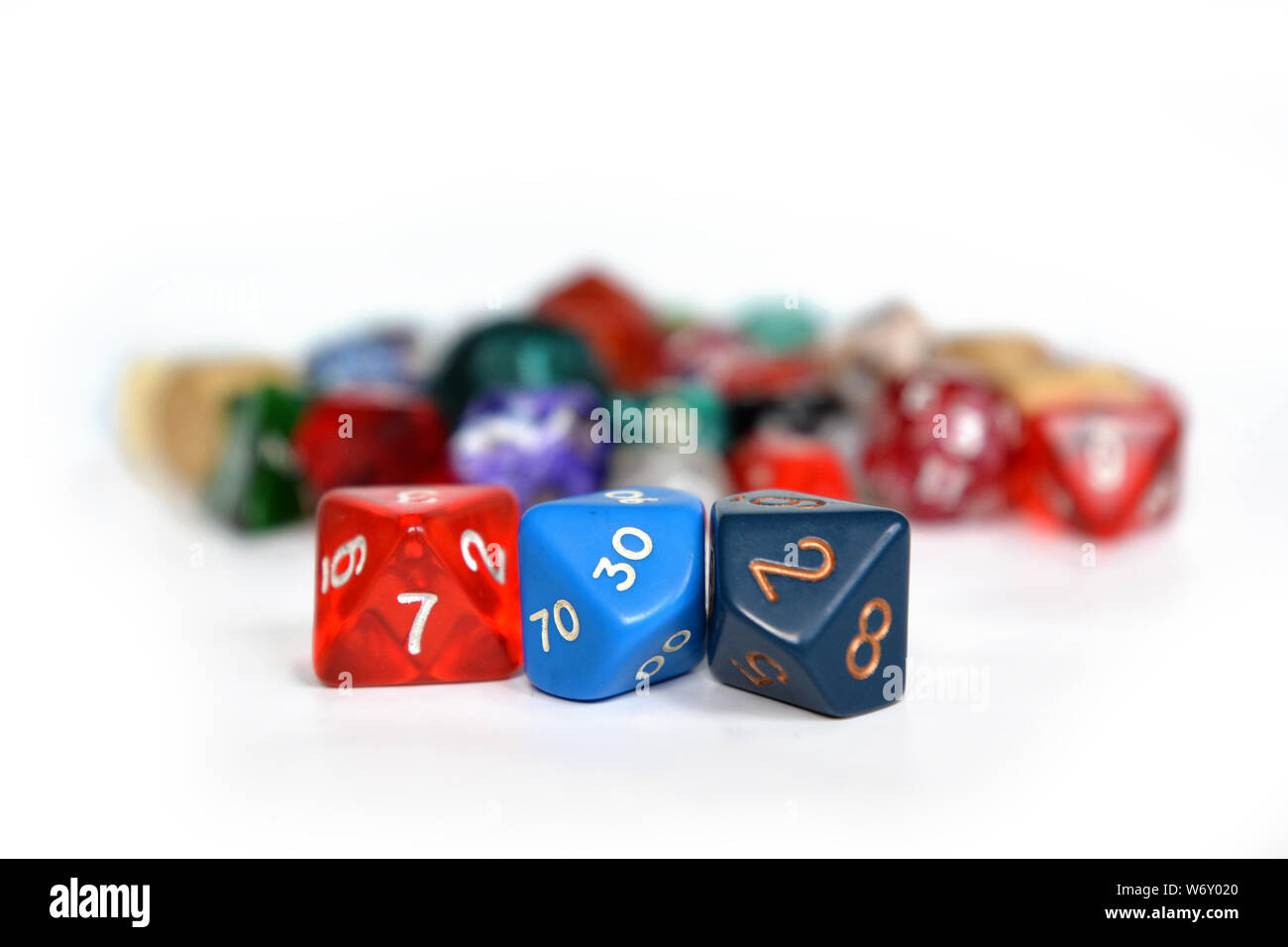 Colorful red, and blue role playing dice isolated on white background ...
