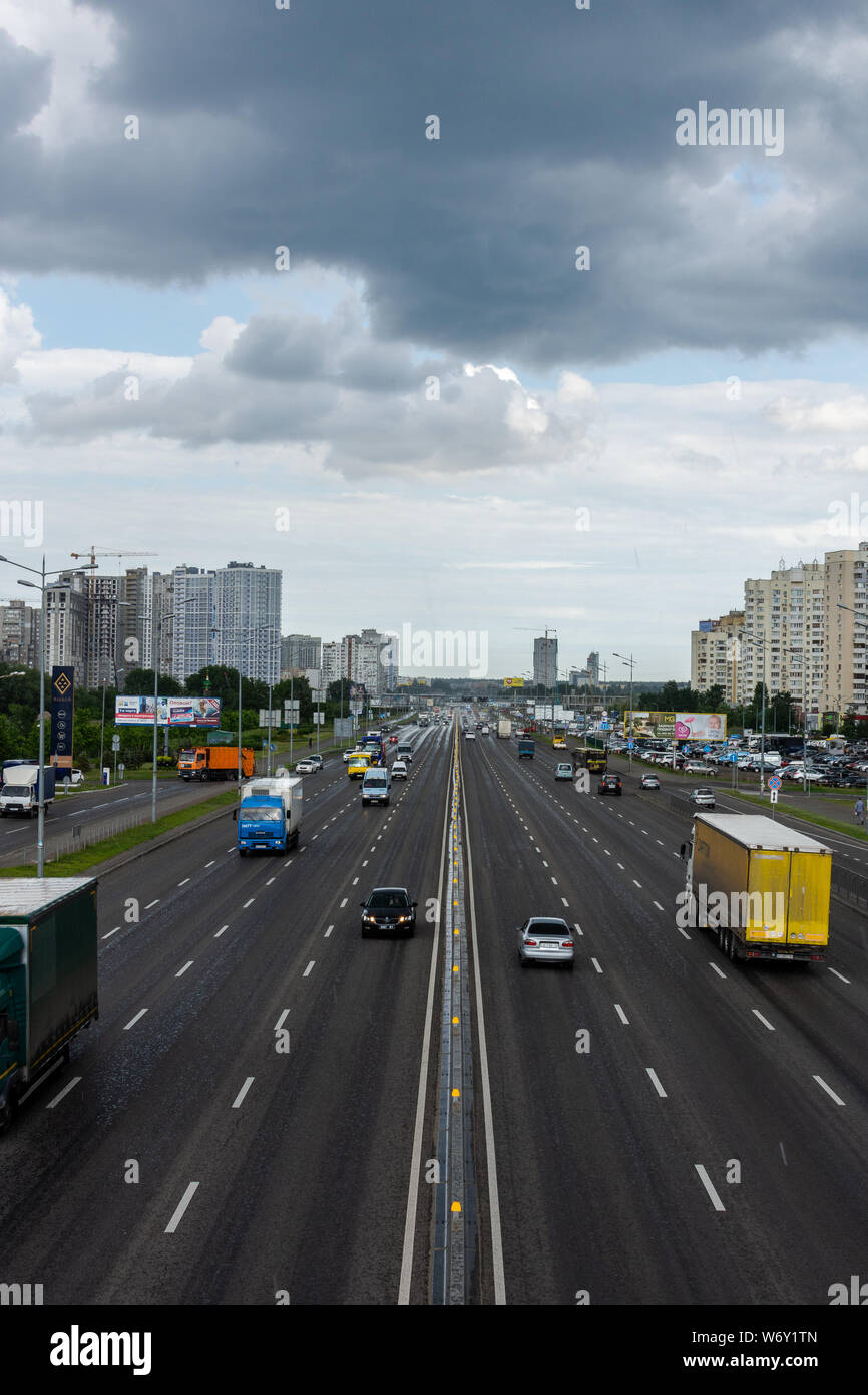 Kiev, Ukraine - May 22, 2019: view to the road to Boryspil in the city ...
