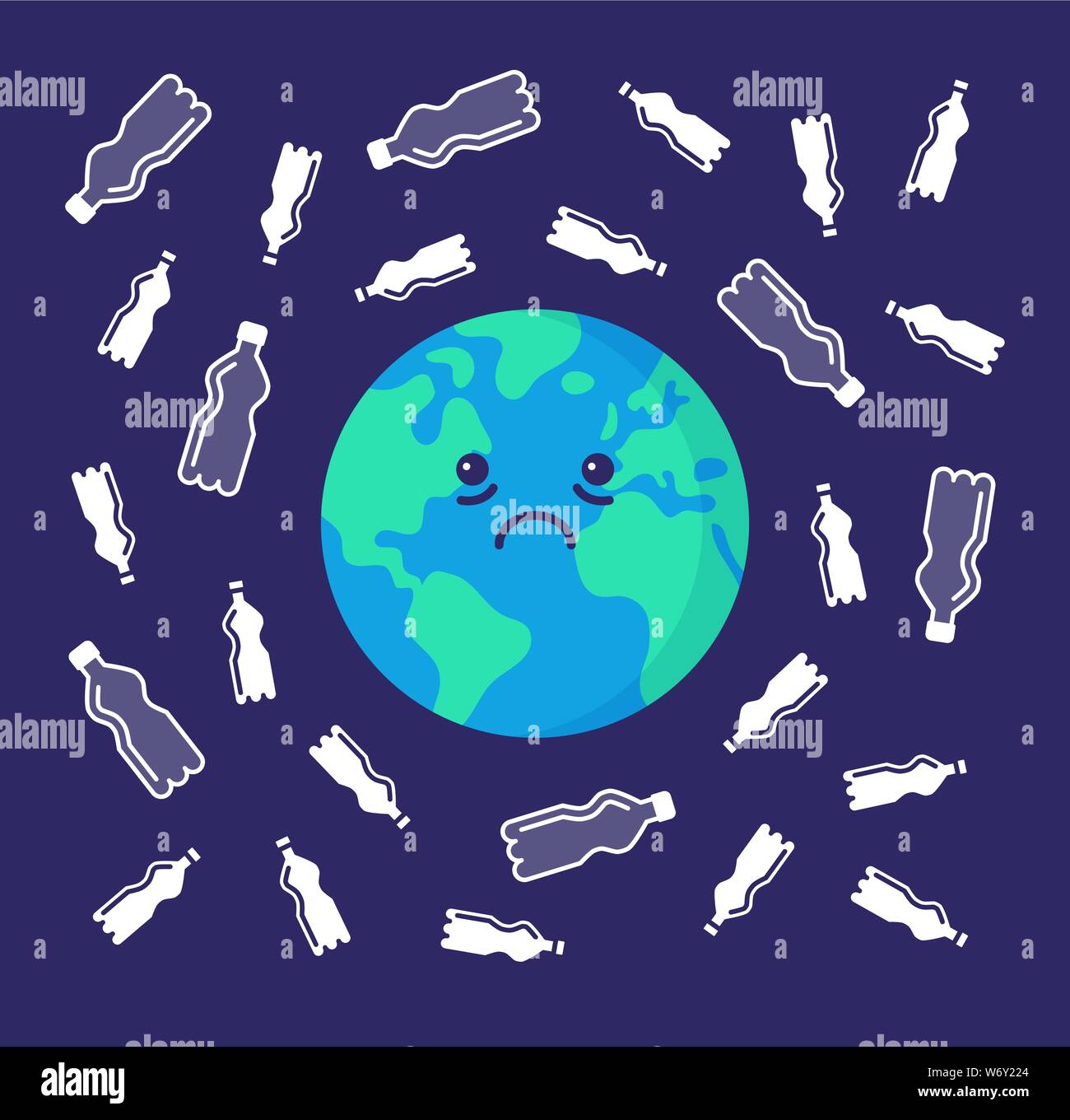 Sad Earth, surrounded by plastic bottles waste. Vector Illustration ...