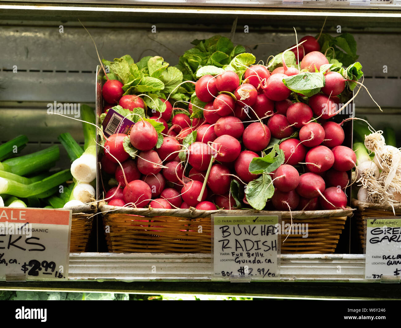Large bunch of fresh radish from California on grocery store shelf ...