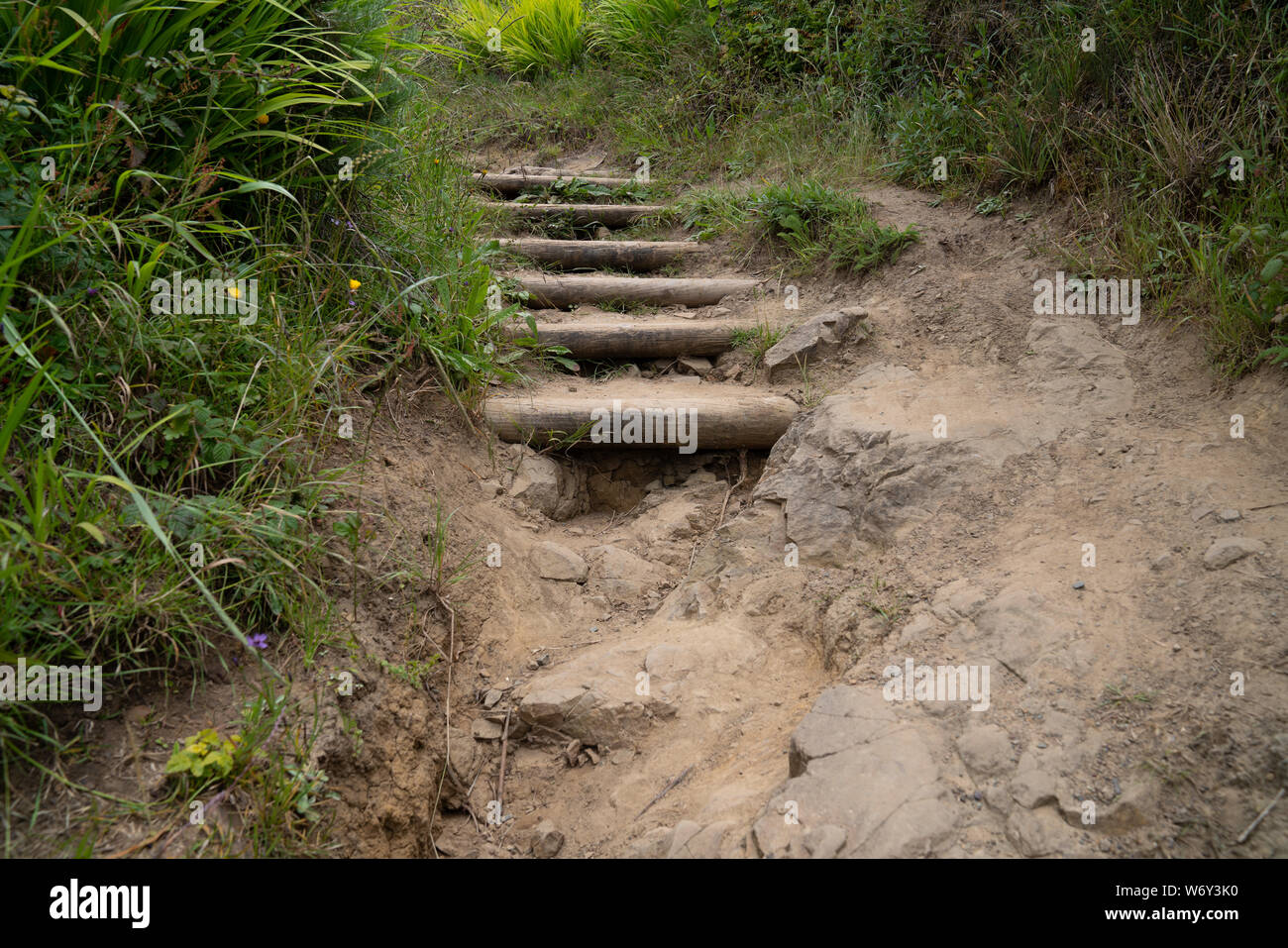 Rocky stair path on dirt trail falling apart with weeds Stock Photo - Alamy