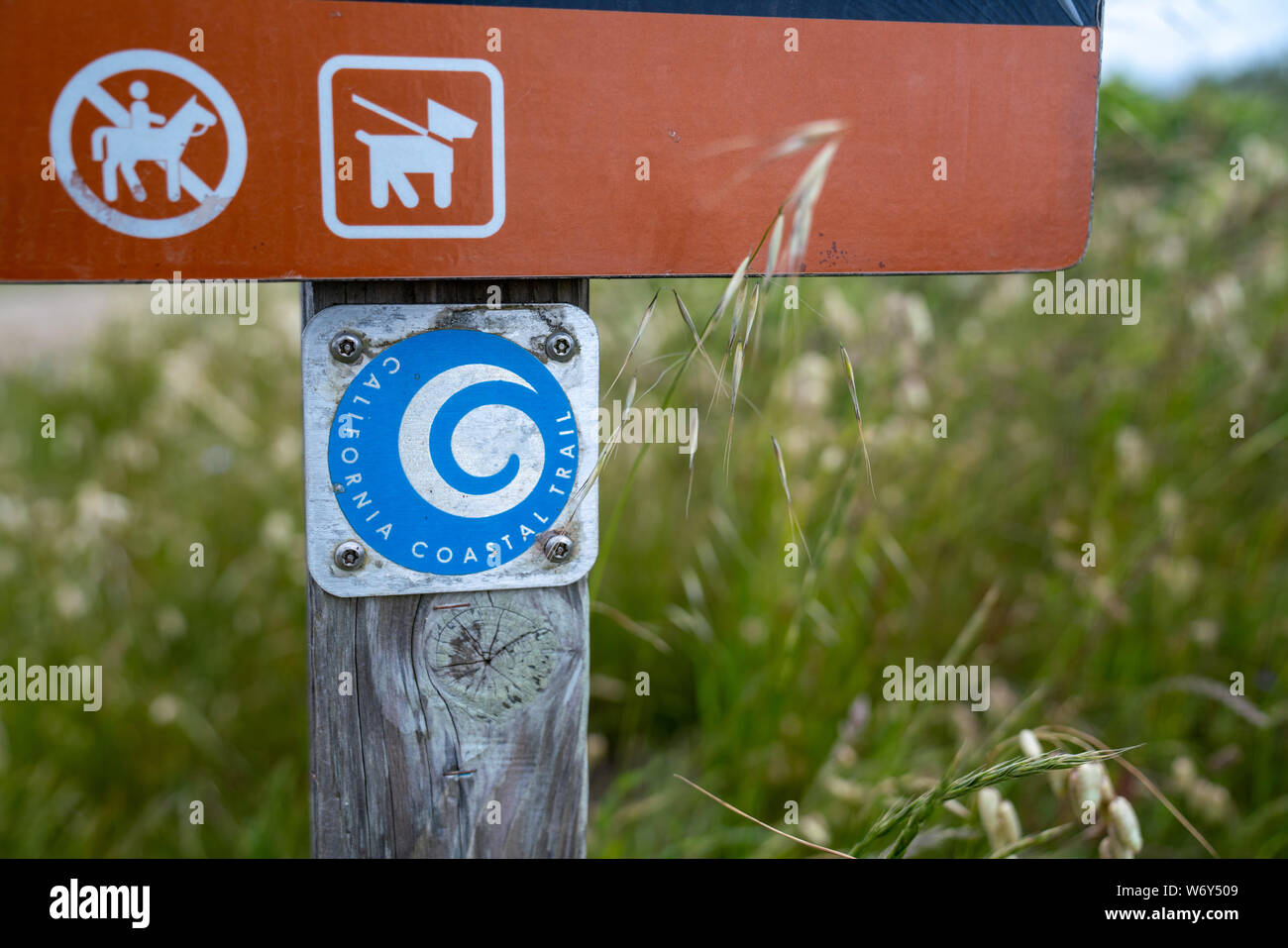 California Coastal Trail logo on sign posting along trailhead path ...