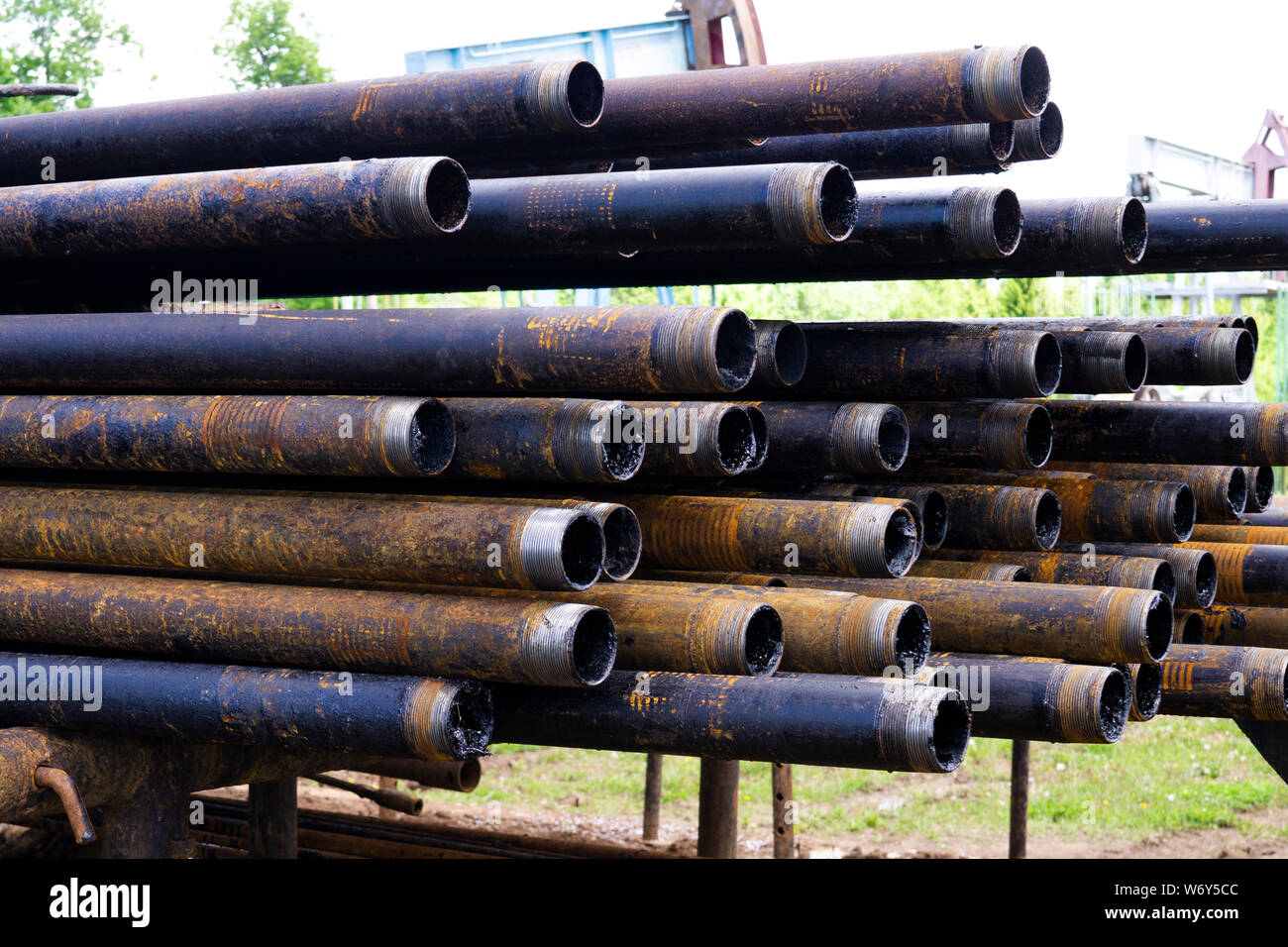 Oil Drill pipe. Rusty drill pipes were drilled in the well section ...