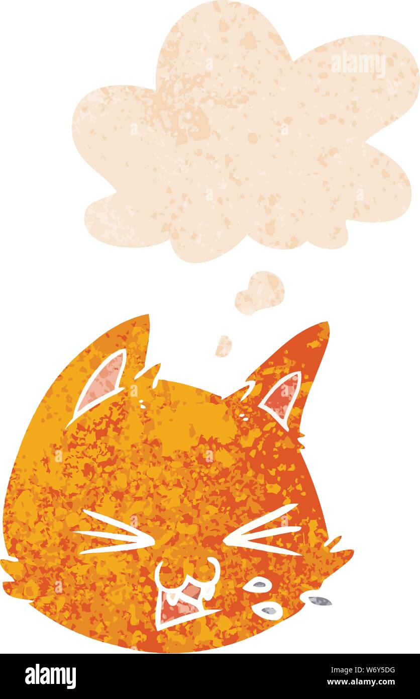 spitting cartoon cat face with thought bubble in grunge distressed ...