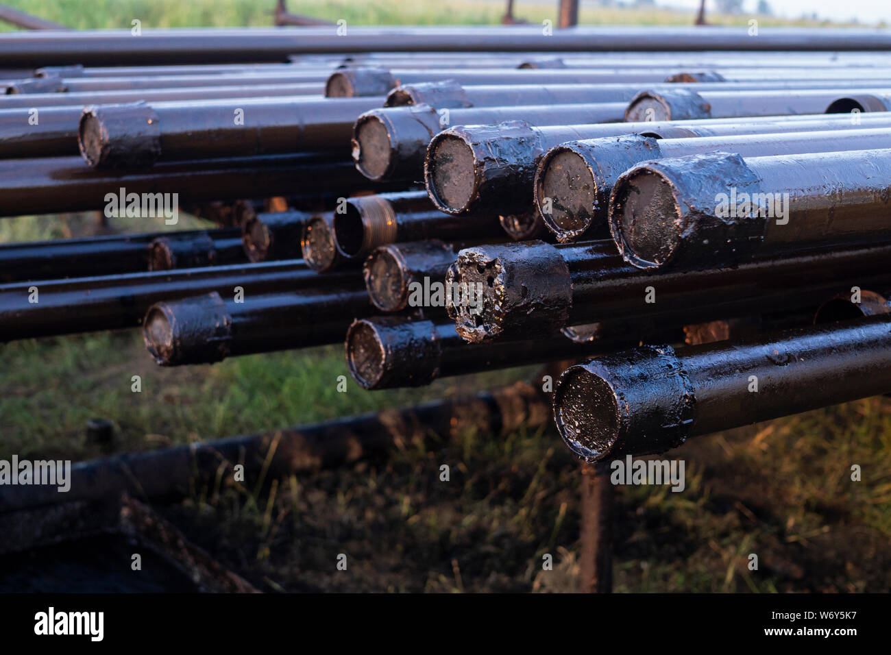 Oil Drill pipe. Rusty drill pipes were drilled in the well section ...