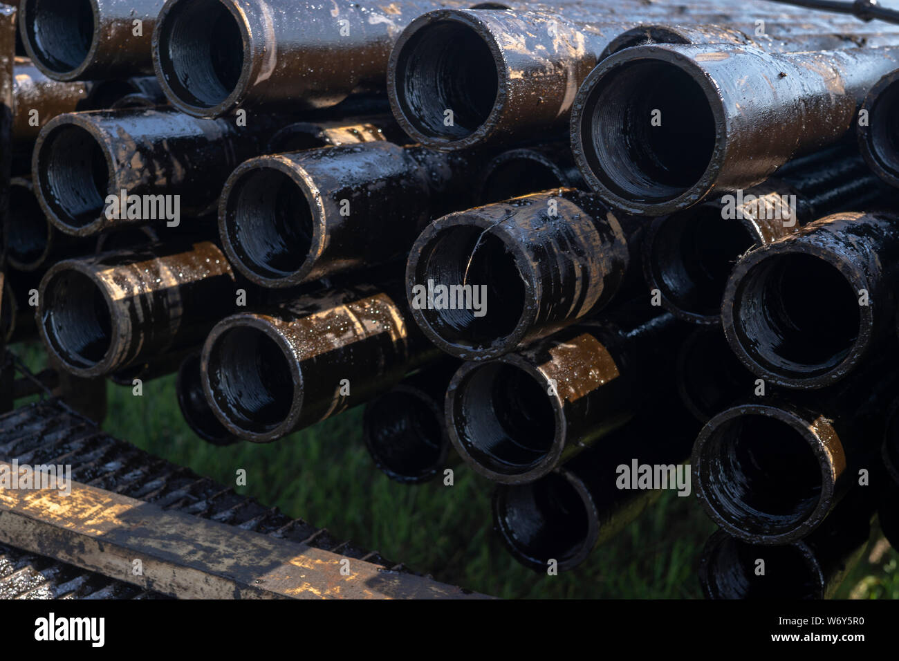 Oil Drill pipe. Rusty drill pipes were drilled in the well section ...