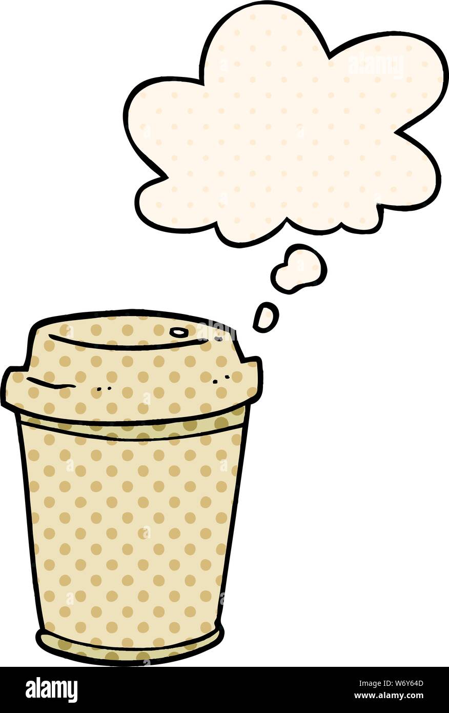 cartoon takeout coffee cup with thought bubble in comic book style ...