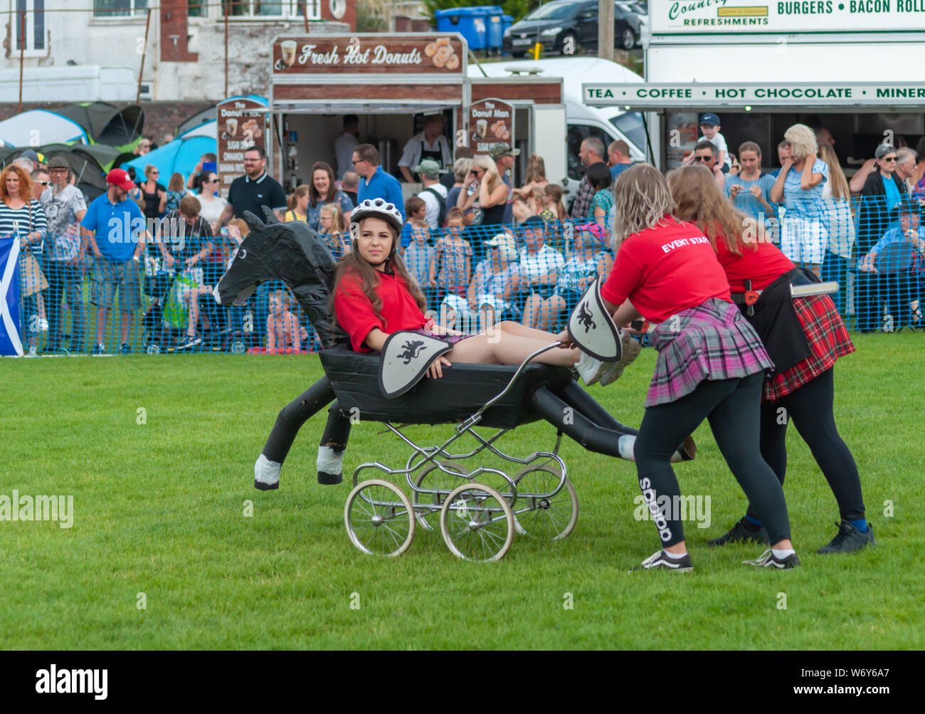 Dundonald, Scotland, UK. 3rd August, 2019. The pram race at the ...