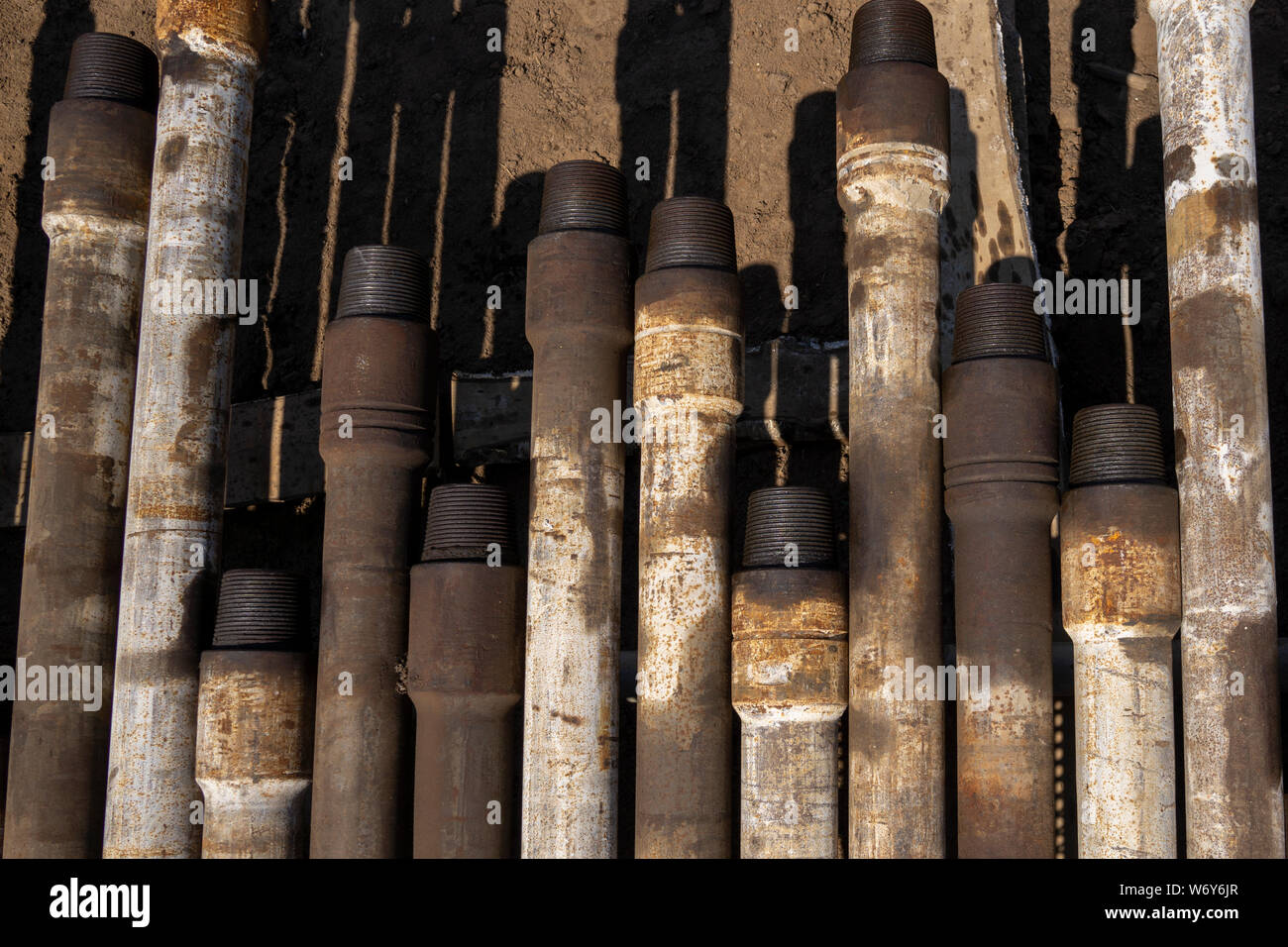 Oil Drill pipe. Rusty drill pipes were drilled in the well section ...