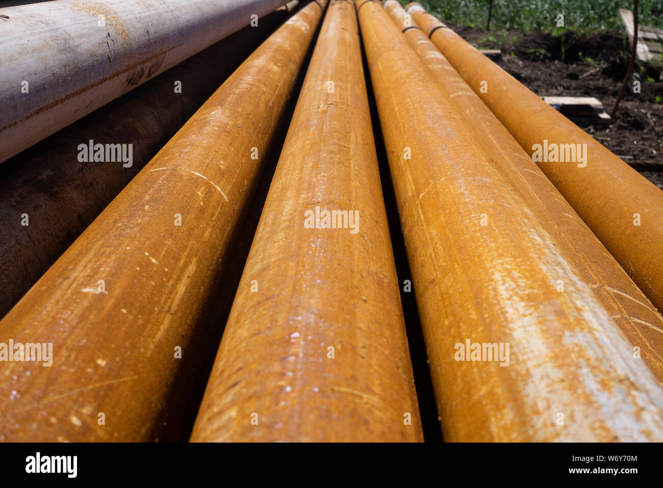 Oil Drill pipe. Rusty drill pipes were drilled in the well section ...