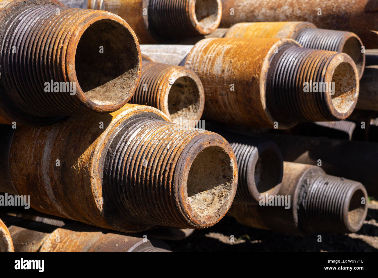 Oil Drill pipe. Rusty drill pipes were drilled in the well section ...