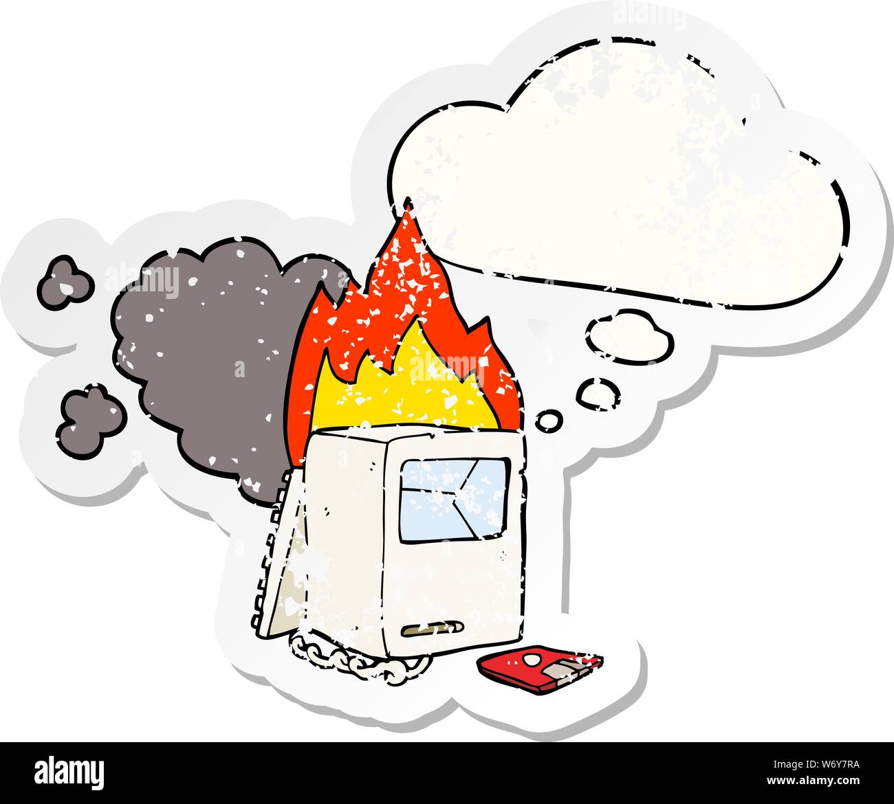 cartoon broken computer with thought bubble as a distressed worn ...