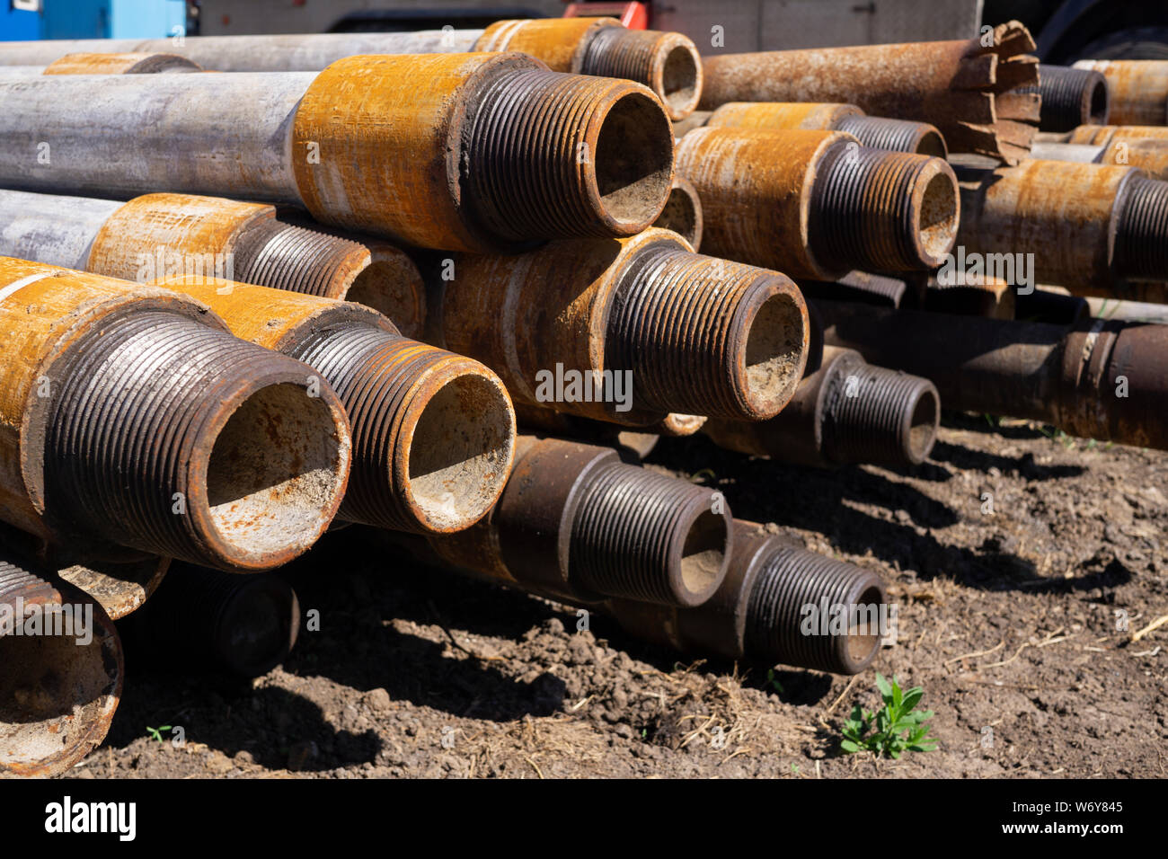 Oil Drill pipe. Rusty drill pipes were drilled in the well section ...