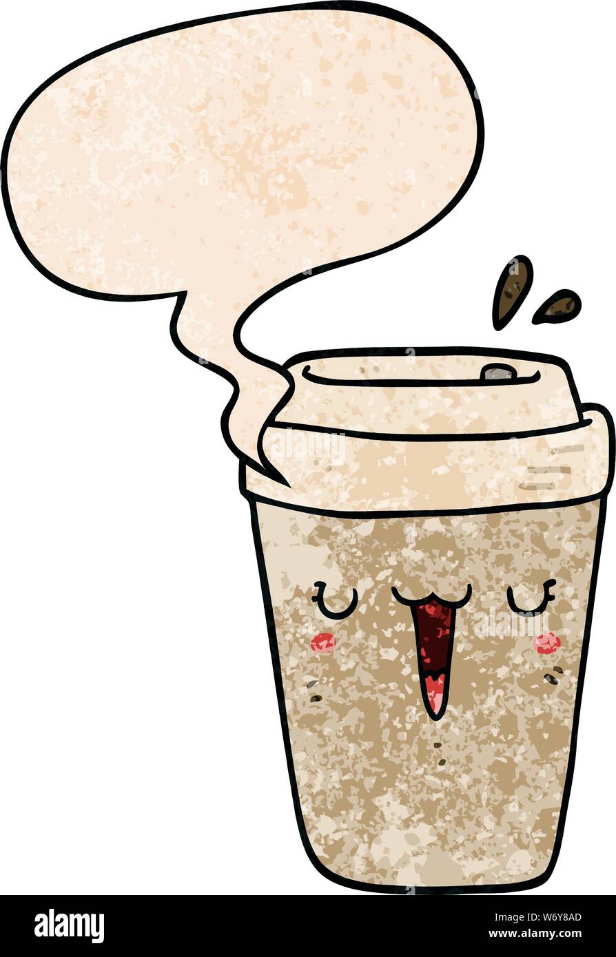 cartoon coffee cup with speech bubble in retro texture style Stock ...