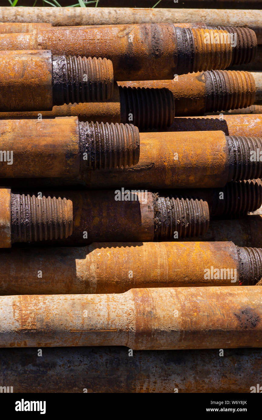 Oil Drill pipe. Rusty drill pipes were drilled in the well section ...