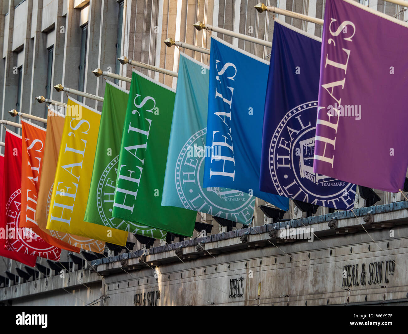 Heals Store Tottenham Court Road London. Colourful flags wave outside ...