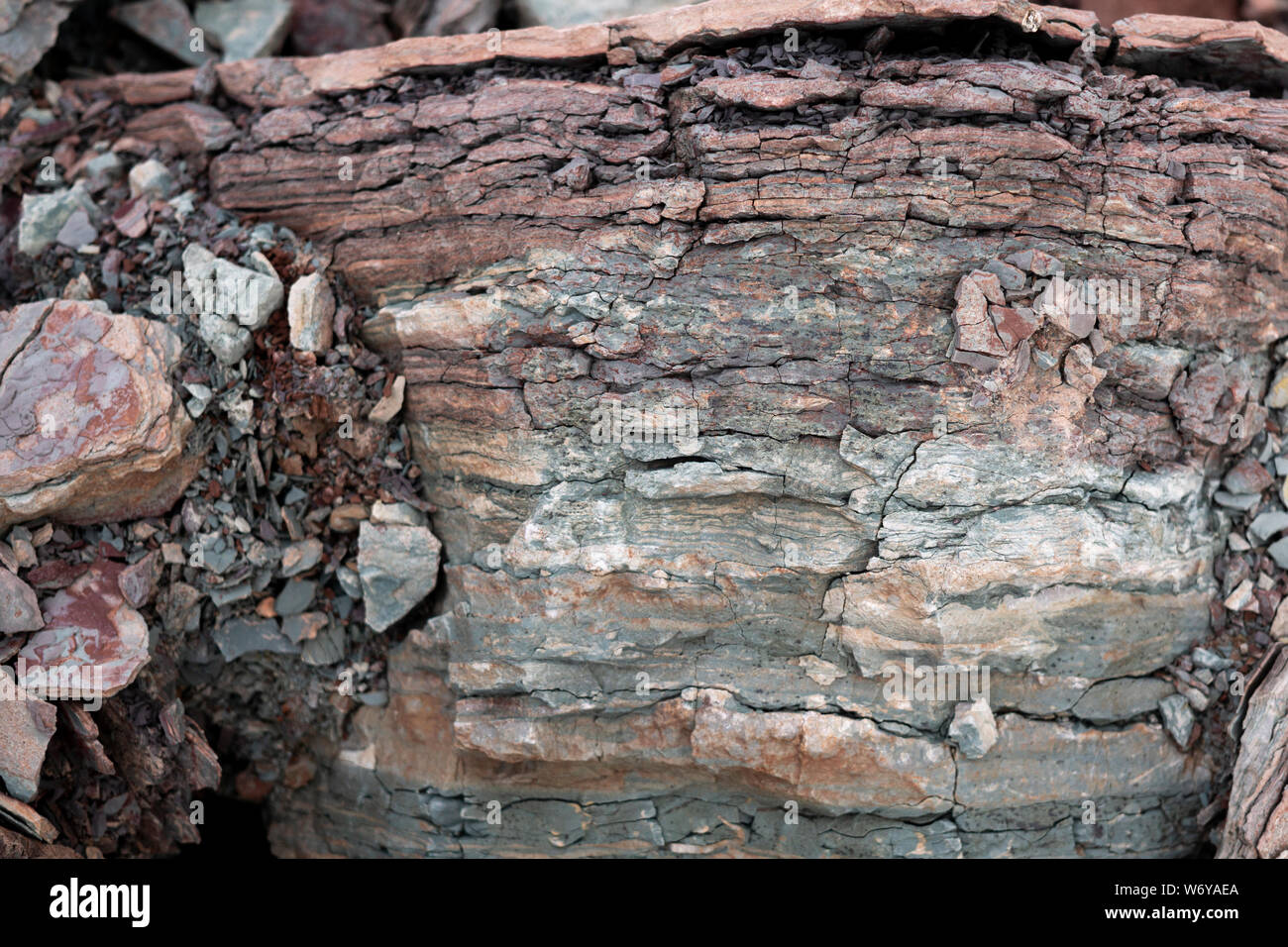 Soil cut-sandstone, stones, clay, sand structure and layers. slice of ...