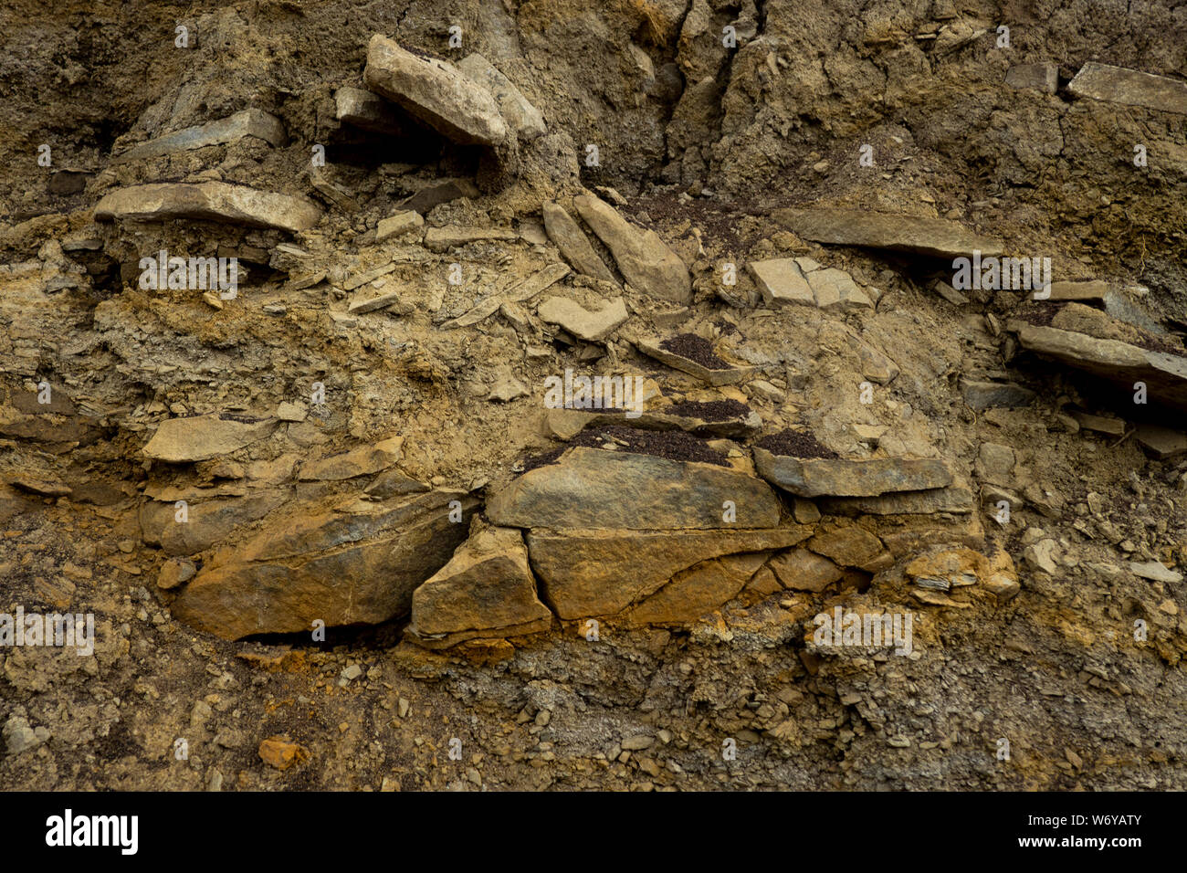 Soil cut-sandstone, stones, clay, sand structure and layers. slice of ...