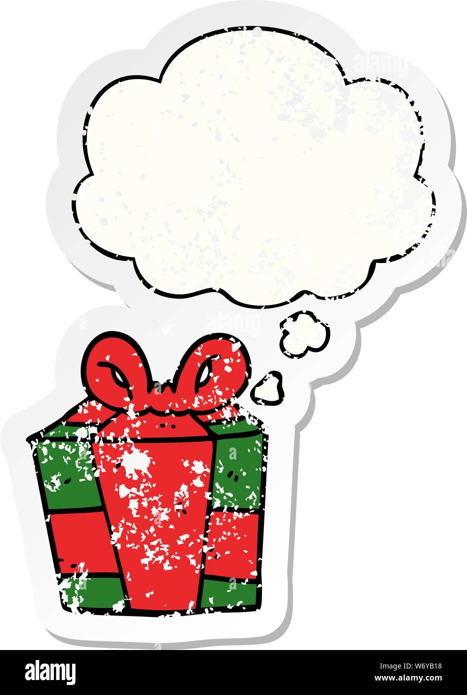cartoon present with thought bubble as a distressed worn sticker Stock ...