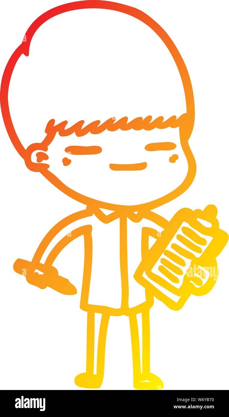 warm gradient line drawing of a cartoon smug boy with clip board Stock ...