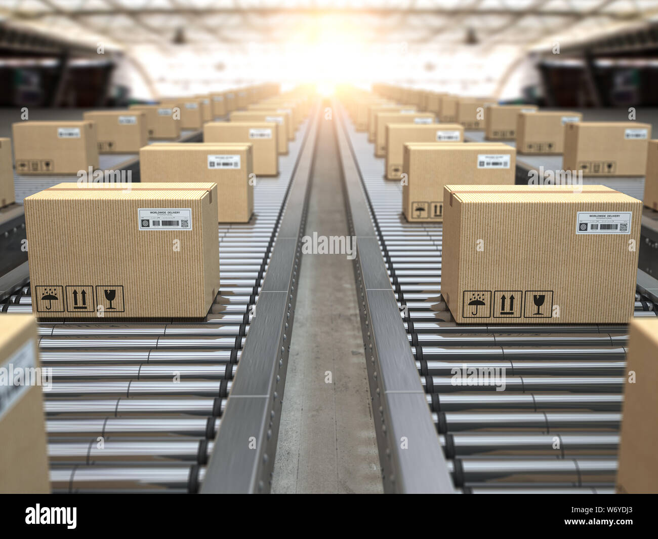 Box on conveyor roller. Delivery service, distribution warehouse and ...