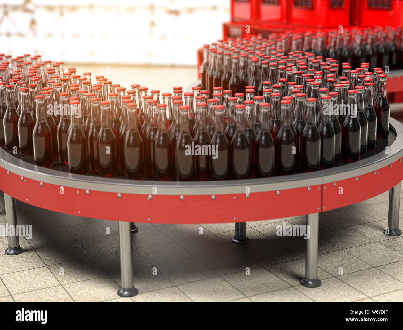 Production of soda bverages or cola. A row of bottles on conveyor belt ...