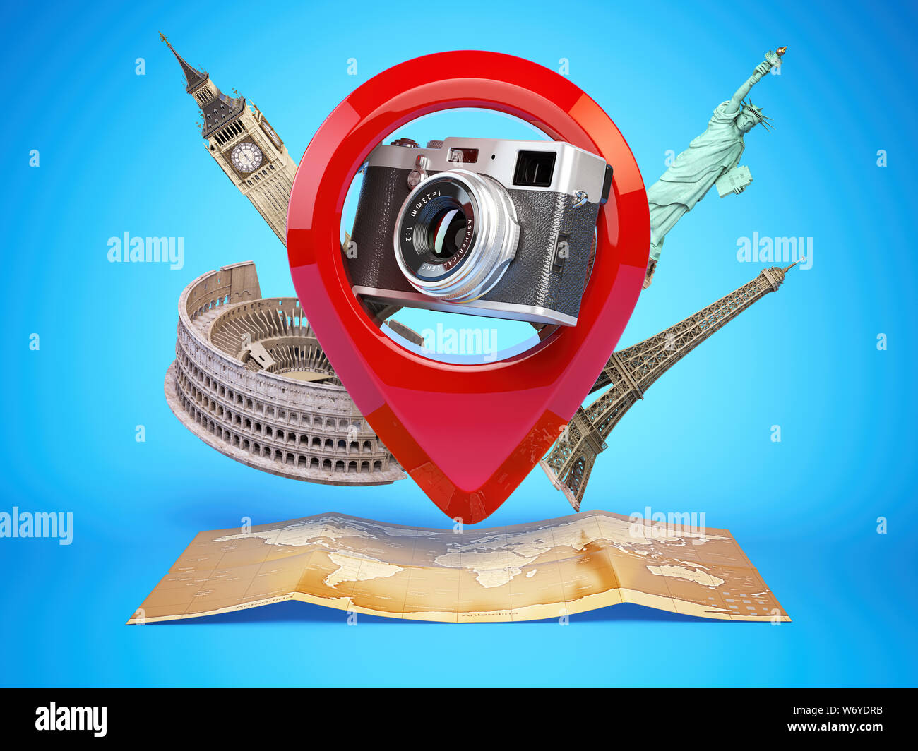 Photo geo tag concept. Camera in pin pointer with famous places and ...