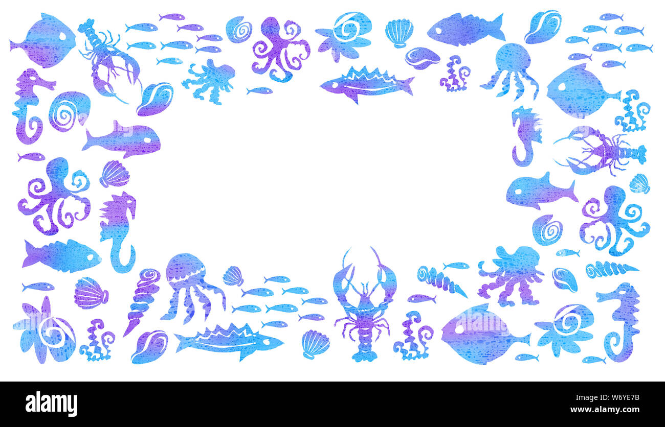 Silhouettes of fish, a seahorse, jellyfish, mussels, crayfish ...