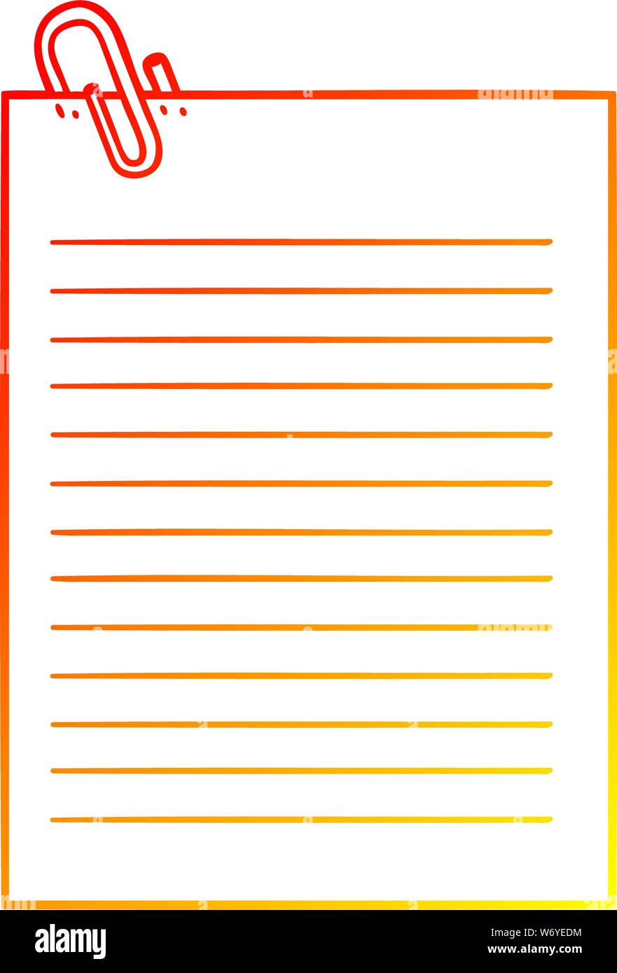 warm gradient line drawing of a cartoon lined paper with paperclip ...