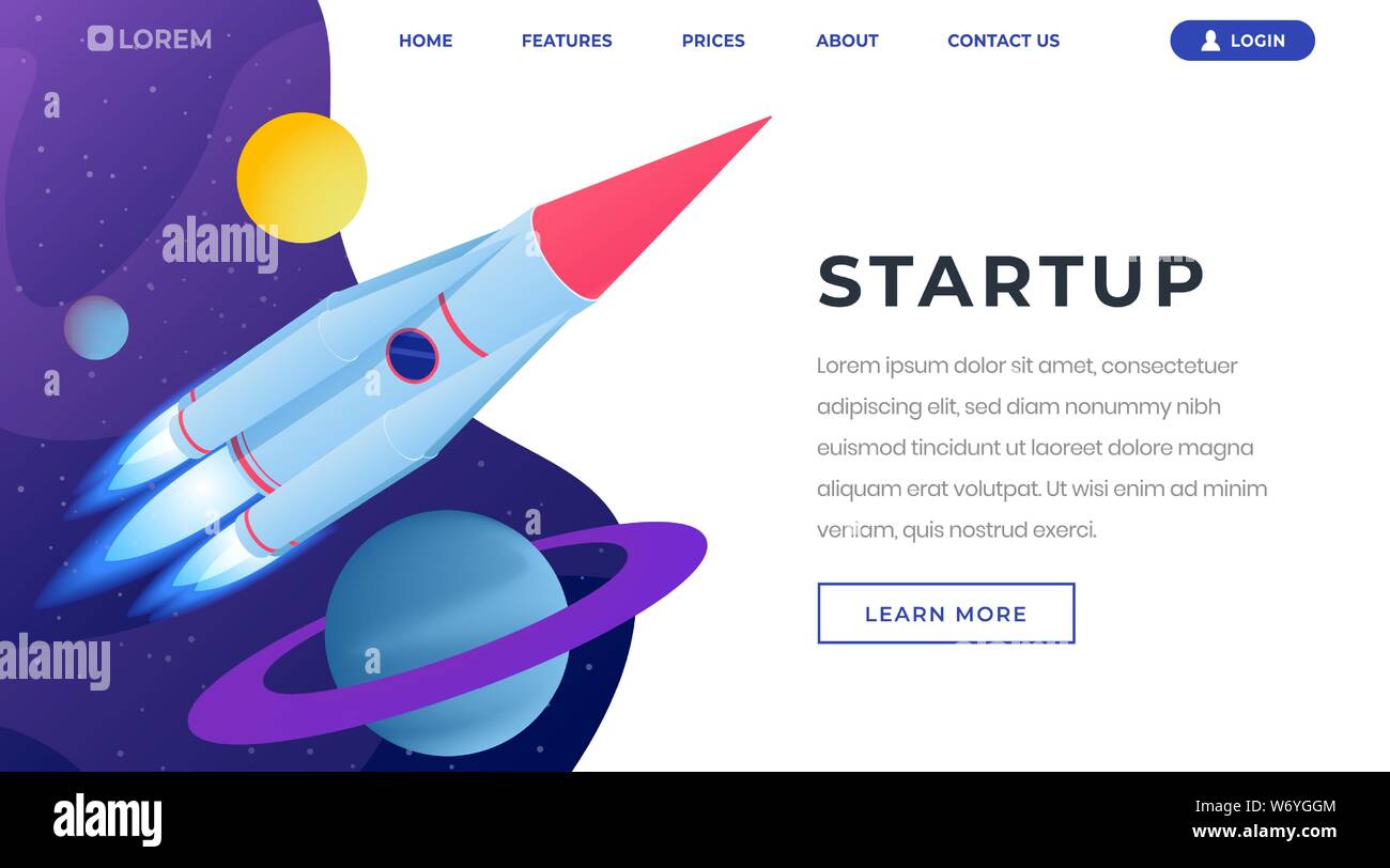 Startup projects isometric landing page template. 3d spaceship, rocket ...